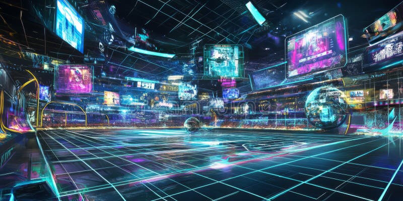 A Dynamic 3D Background of a Cyber Arena, Featuring a Glowing Grid ...