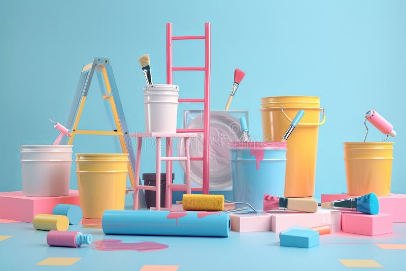 A Dynamic 3D Composition of Painting Supplies Including Paint Buckets ...