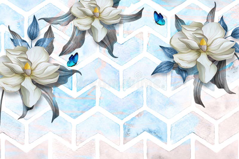 Abstract Waves and Flowers 3D Mural Stock Illustration - Illustration ...