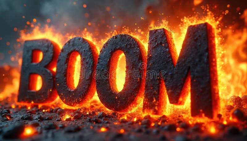 Dynamic 3D Letters Spelling BOOM Engulfed in Intense Fire, Glowing ...