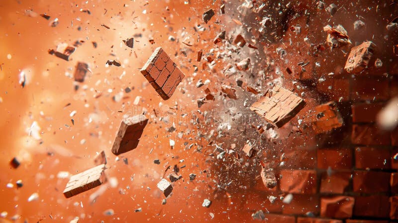 Dynamic 3D Render Depicting a Red Brick Wall Mid-explosion, with Bricks ...