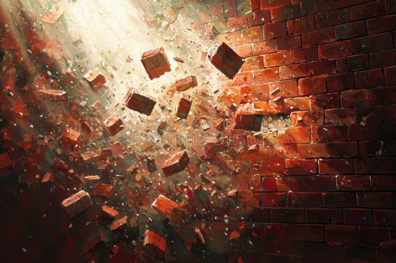 Dynamic 3D Render Depicting a Red Brick Wall Mid-explosion, with Bricks ...