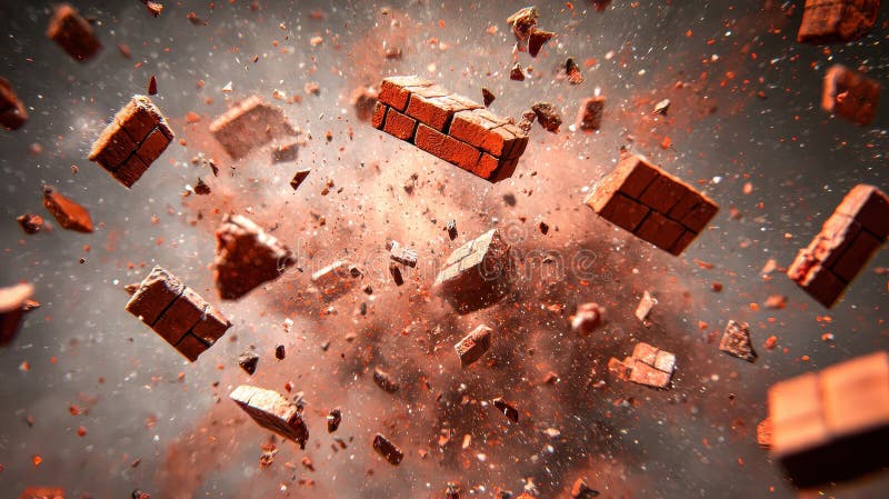 Dynamic 3D Render Depicting a Red Brick Wall Mid-explosion, with Bricks ...