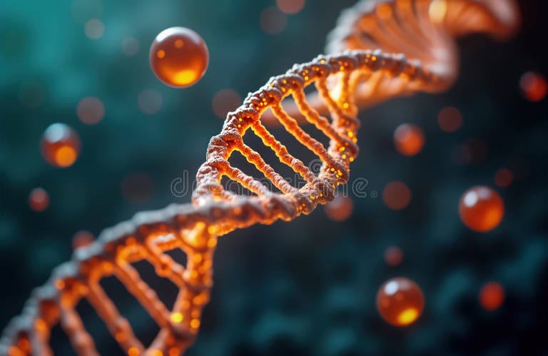 Dynamic 3D Render DNA Helix Structure. Floating Molecules Surround Helix Illustrating Complex ...