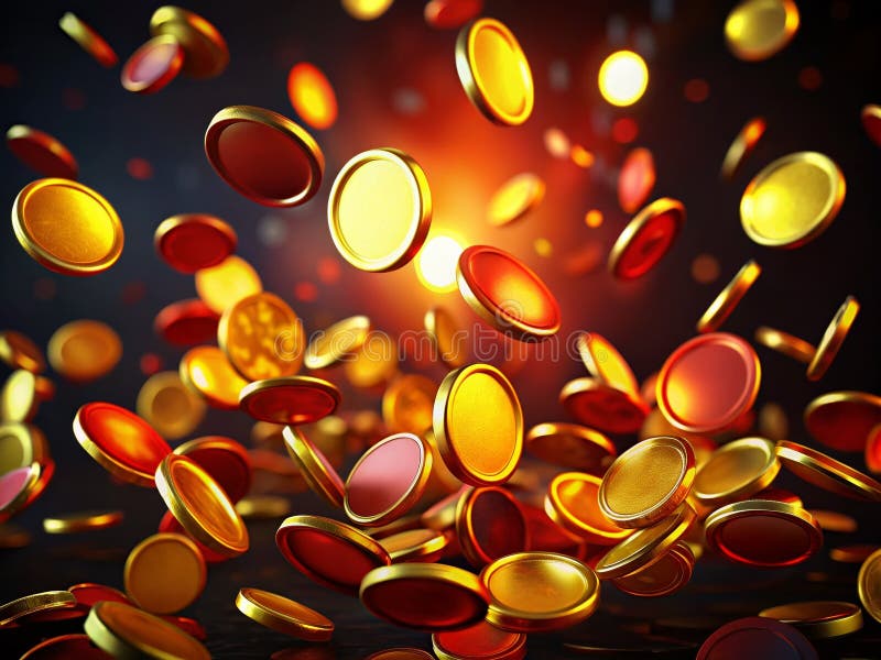 Dynamic 3D Render of Flying Yellow and Red Coins Against a Striking ...