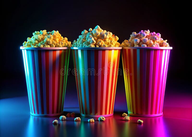 Dynamic 3D Render of NeonLit Popcorn Cups a Striking Visual Concept for ...