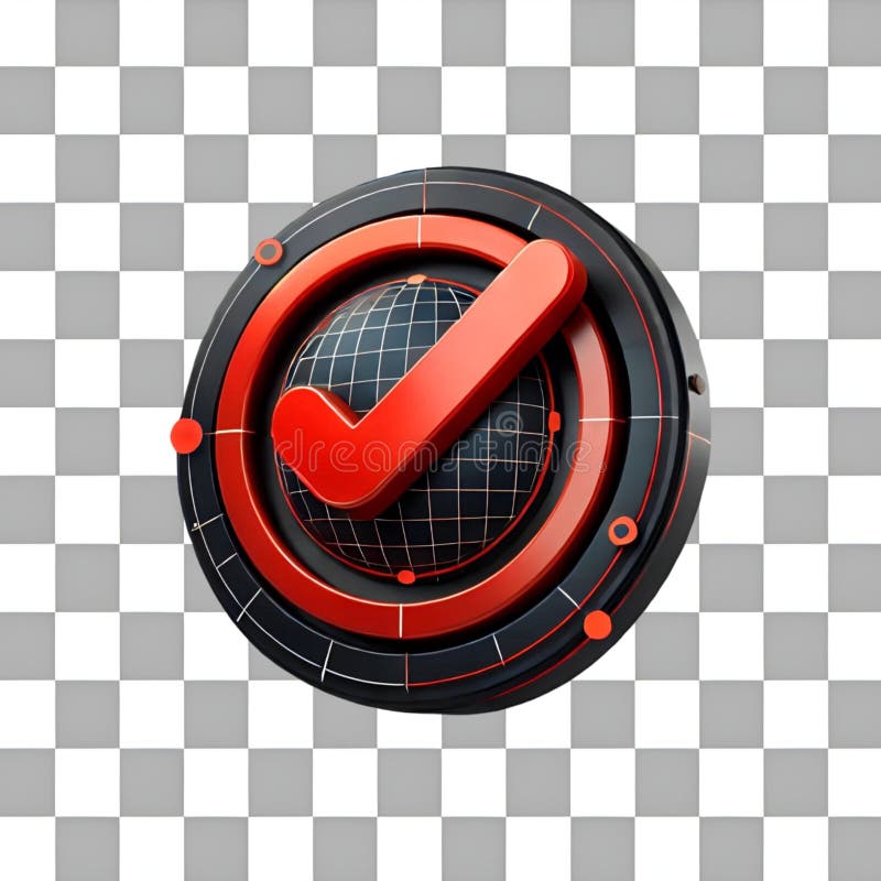 3D Rendered Red Checkmark Icon with Globe Design Stock Illustration ...