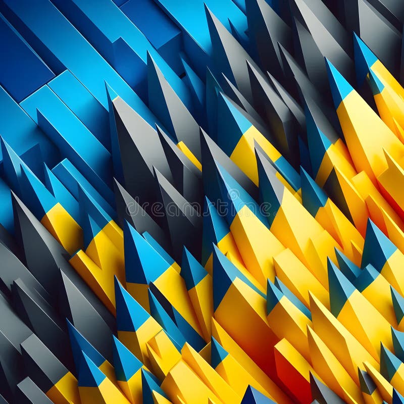 A Dynamic 3d Rendered Pattern Of Sharp Angular Shapes In Blue Yellow And Gray Creating A
