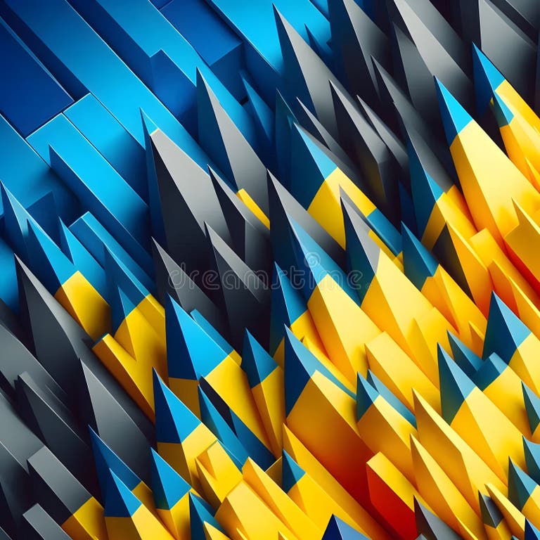 A Dynamic, 3D Rendered Pattern of Sharp, Angular Shapes in Blue, Yellow ...