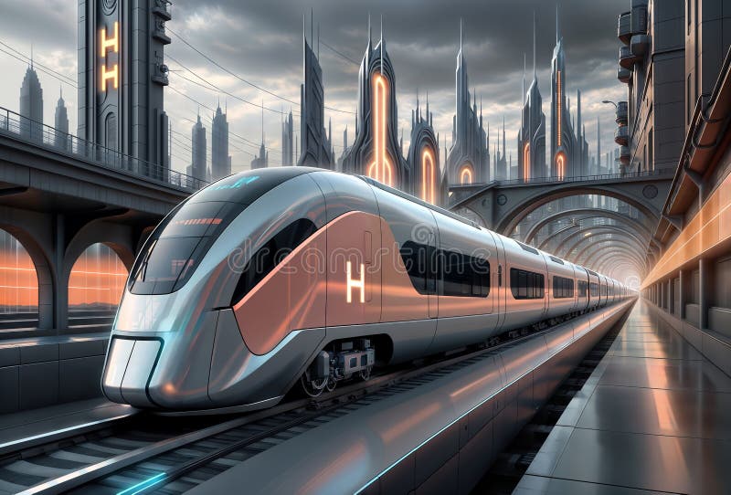 High-speed Hydrogen Train on the Background of a Modern City. 3D ...