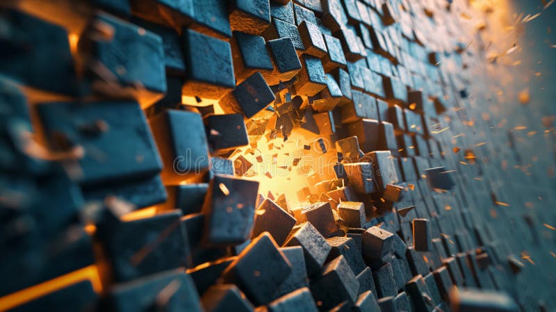 A Dynamic 3D Rendering of Dark Blue Cubes Exploding Outward from a ...