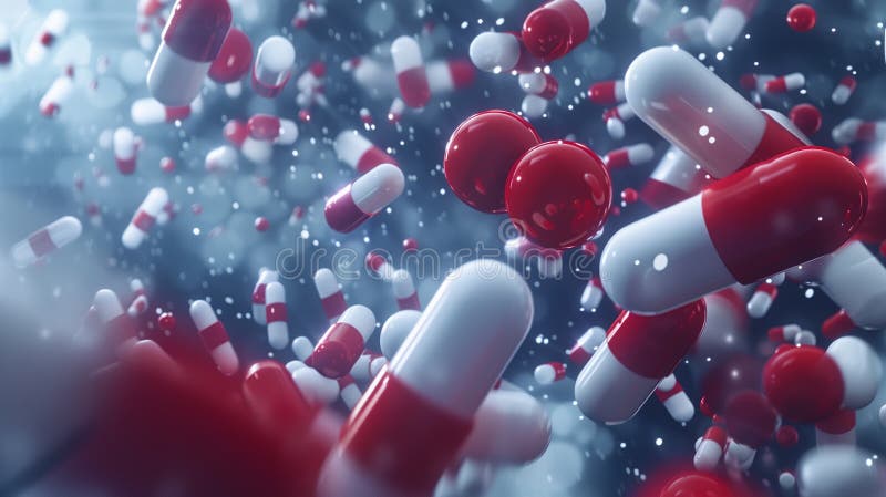A Dynamic 3D Rendering of Red and White Capsules Suspended in Space ...