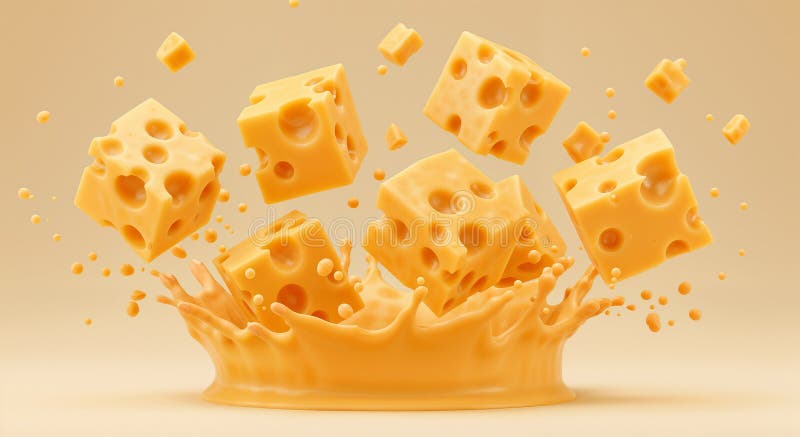 Yellow Cheese Cube Explosion 3D Render Stock Illustration ...