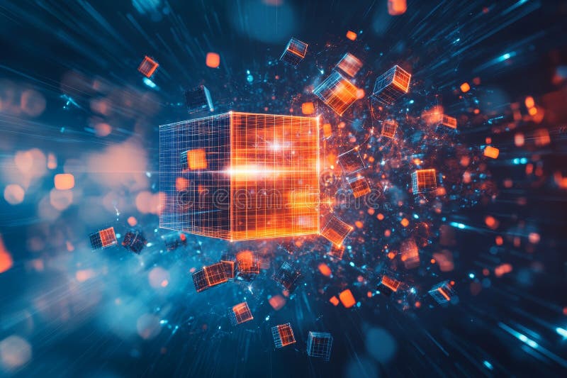 Dynamic 3d Visualization of Interconnected Cubes Fragmenting Against a ...