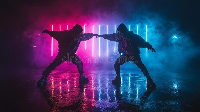 Dynamic Dance Duo in Neon Lights with Colorful Background Stock ...