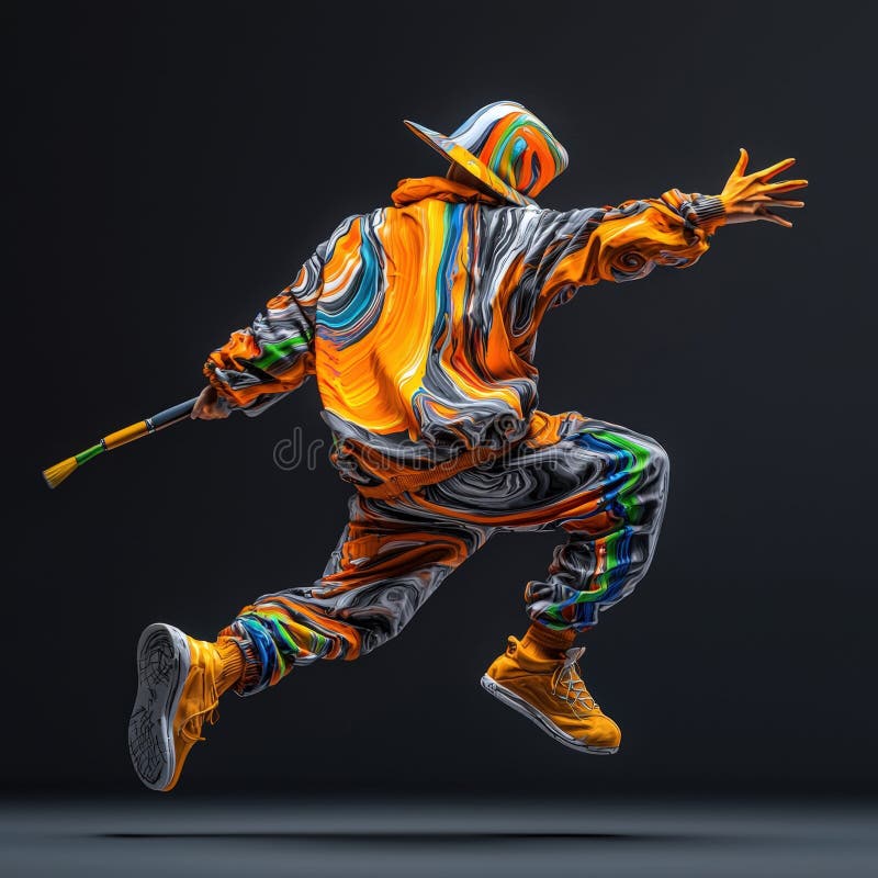 A Dynamic Dancer in an Artistic Outfit Leaps in Motion Against a Dark ...