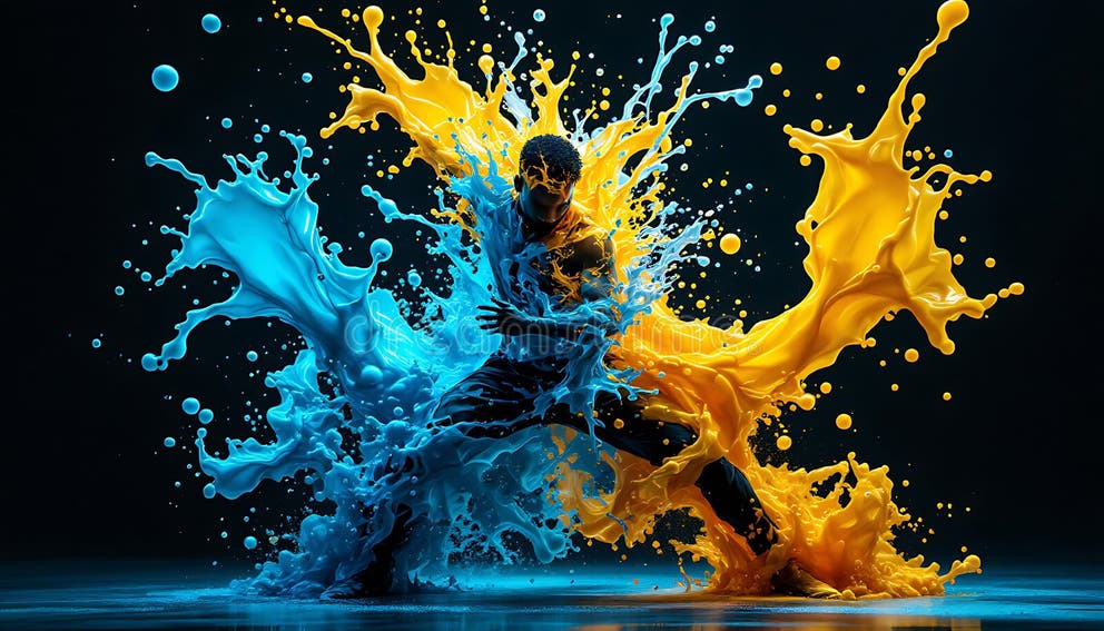 Dynamic Dancer in a Blue and Yellow Paint Splash: a Vibrant Artistic ...