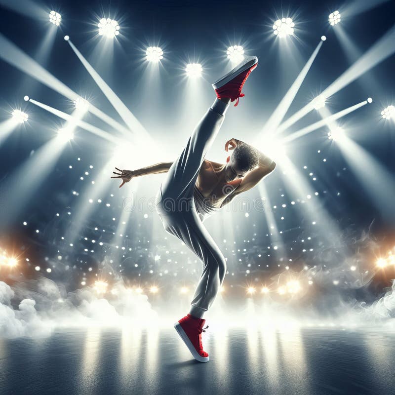 Dynamic Dancer Performing a High Kick on a Brightly Lit Stage Stock ...