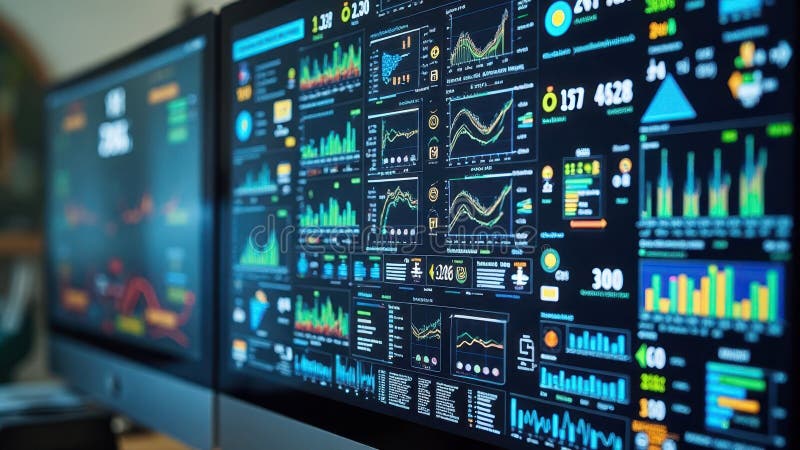 Dynamic Data Analysis Multiple Monitors Displaying Real Time Graphs Charts Stock Photos - Free ...