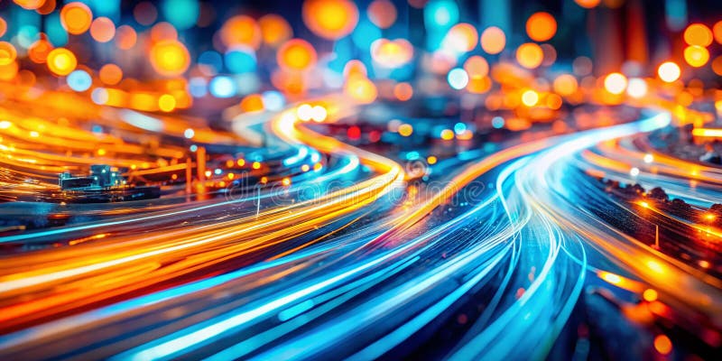 Dynamic Data Flow Visualization Abstract Blue and Orange Light Streaks ...