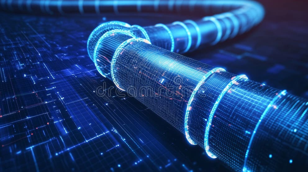 Dynamic Data Stream Visualization Flowing Technology on Pixelated Blue ...