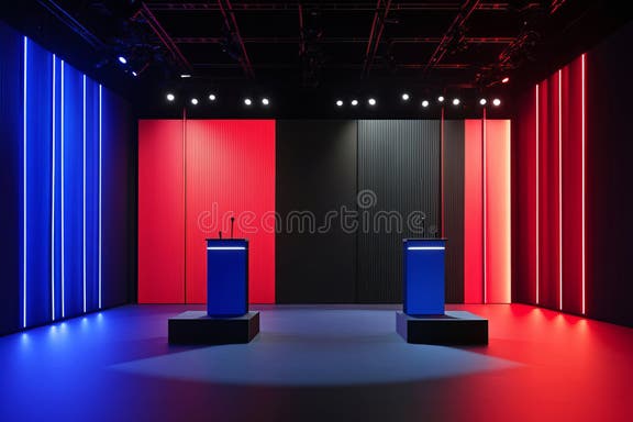 Dynamic Debate Setup Two Stands in a Striking Black, Red, and Blue ...