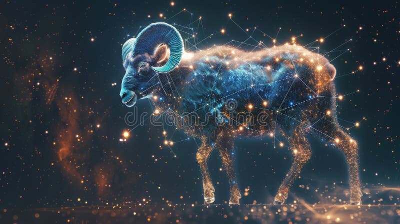 Dynamic Depiction of Aries the Ram with Futuristic Digital Design Stock ...
