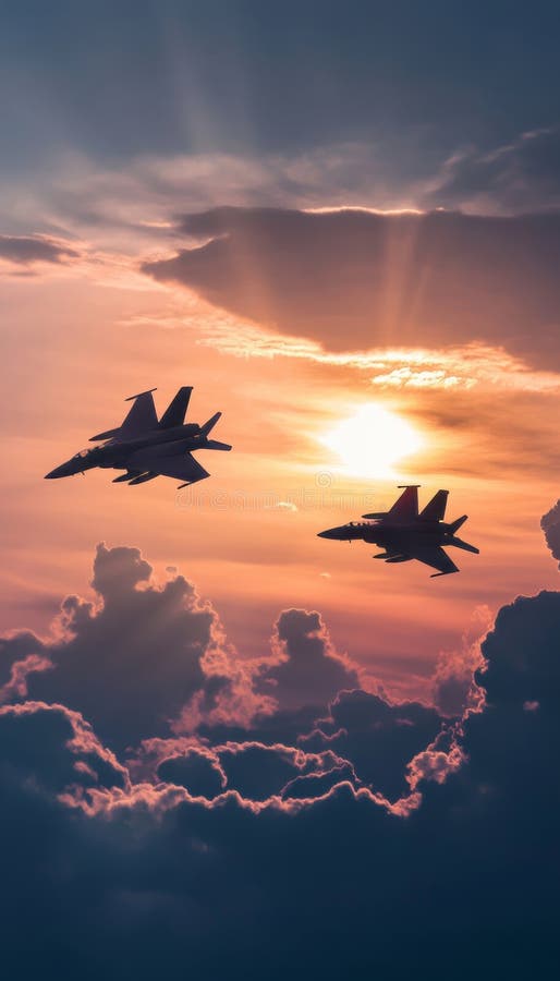 Dynamic Depiction of Two Fighter Jets in Flight Against a Stunning Sunset with Dramatic Clouds ...