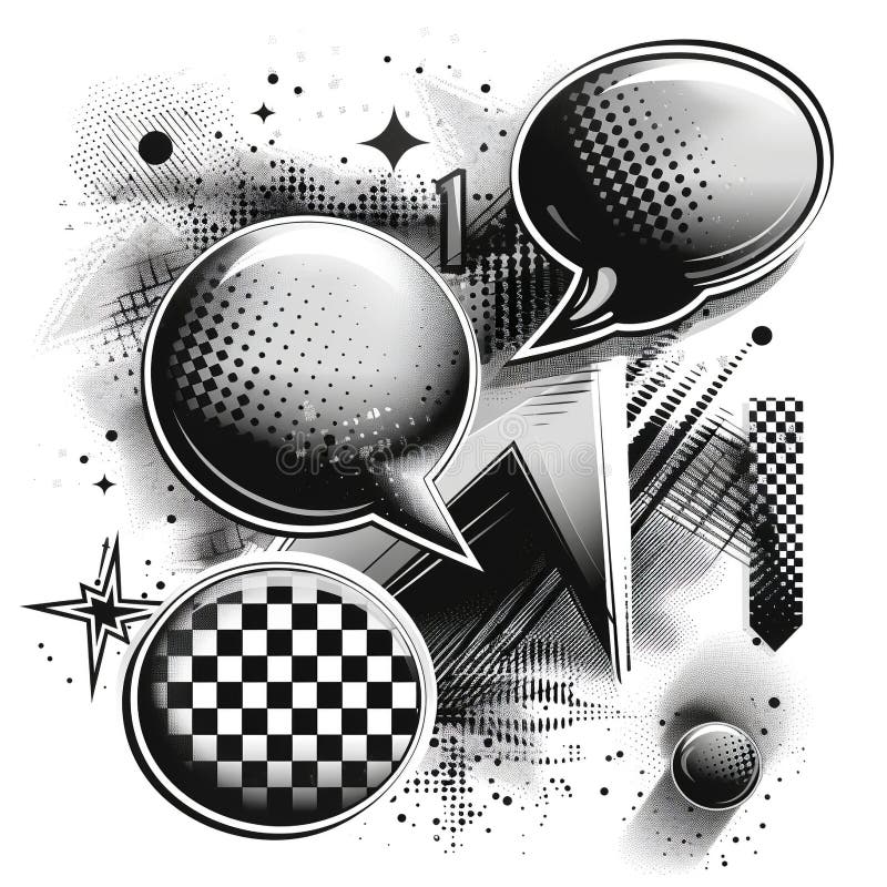 Bold Monochrome Graphic Design with Speech Bubbles and Patterns Stock ...