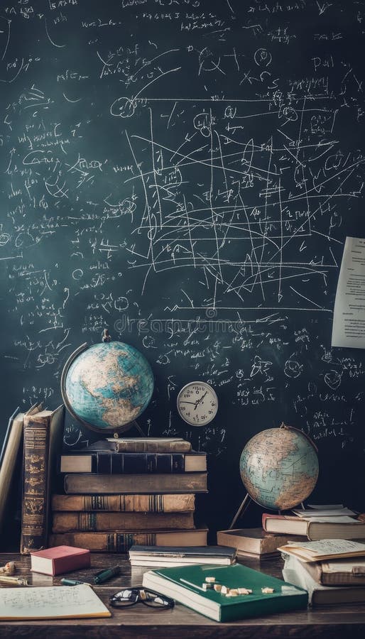 Dynamic Desk Scene with Books and Miscellaneous Items Against a ...