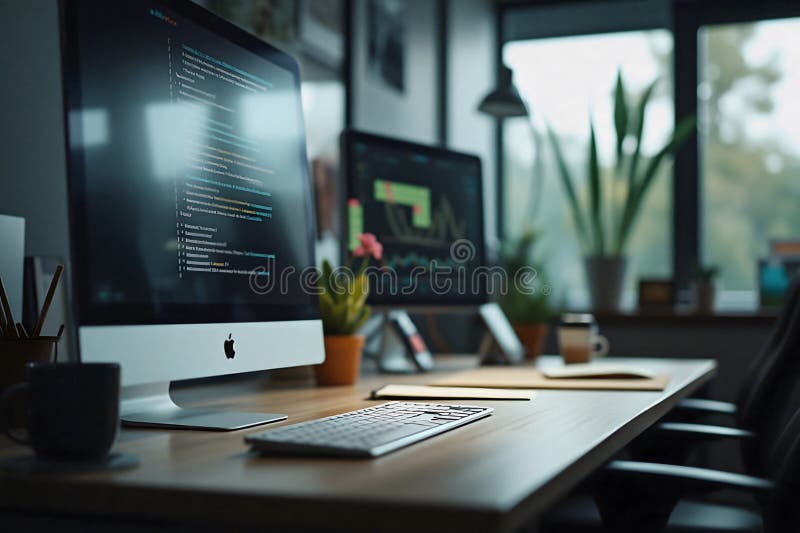 Dynamic Desk Setup with Monitor, Sticky Notes, and Work Essentials ...