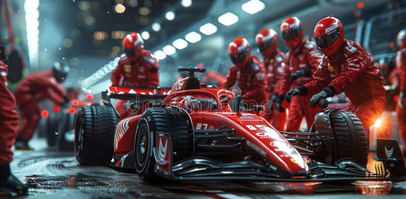 Intense Pit Stop Scene with Racing Team Swiftly Servicing a Red Race ...