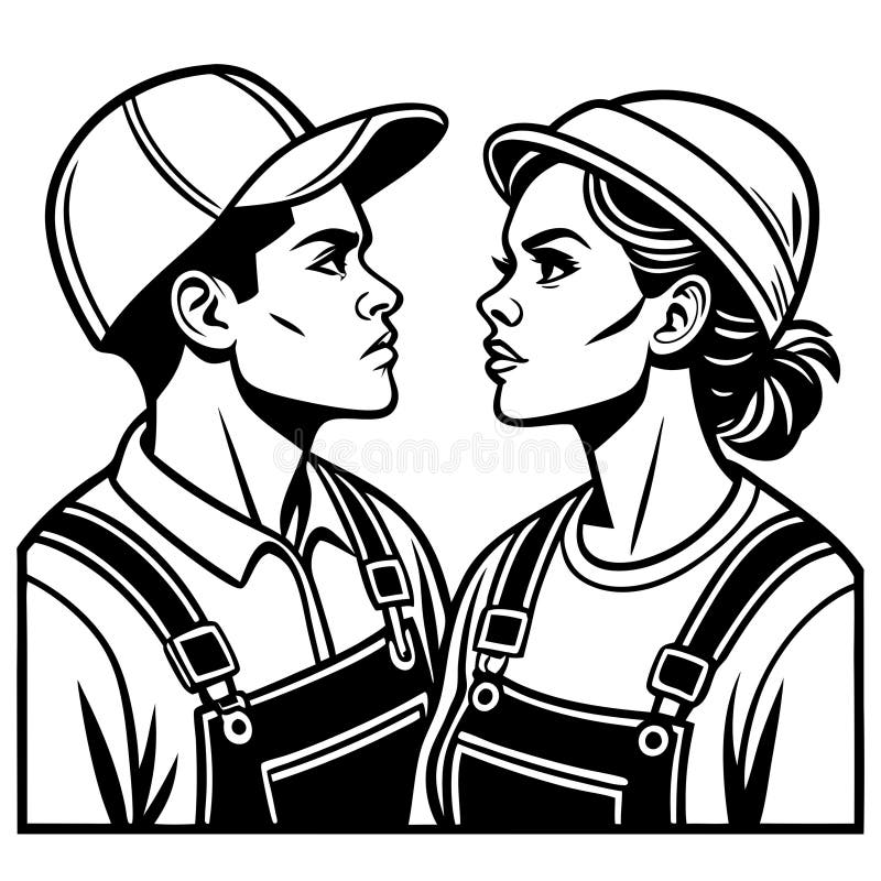 Dynamic Determined Couple in Overalls Facing Each Other Strong ...