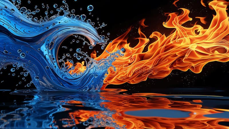 Dynamic Digital Artwork of Fire and Water Elements in Vibrant Contrast ...