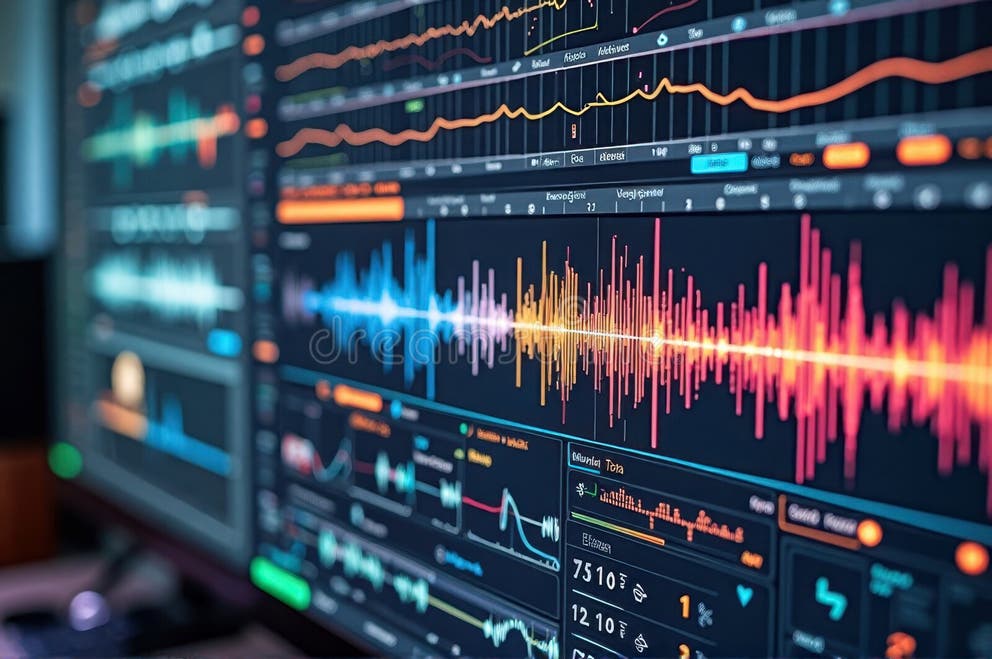 Dynamic Digital Audio Analysis Display with Colorful Waveforms and Graphs on High-tech Screen ...