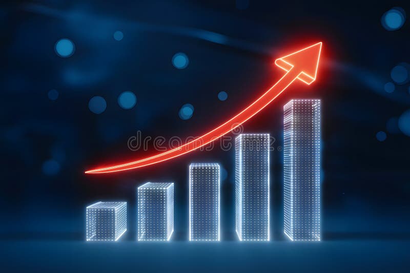 Dynamic Digital Bar Chart with Rising Bars and Red Arrow on Blue ...