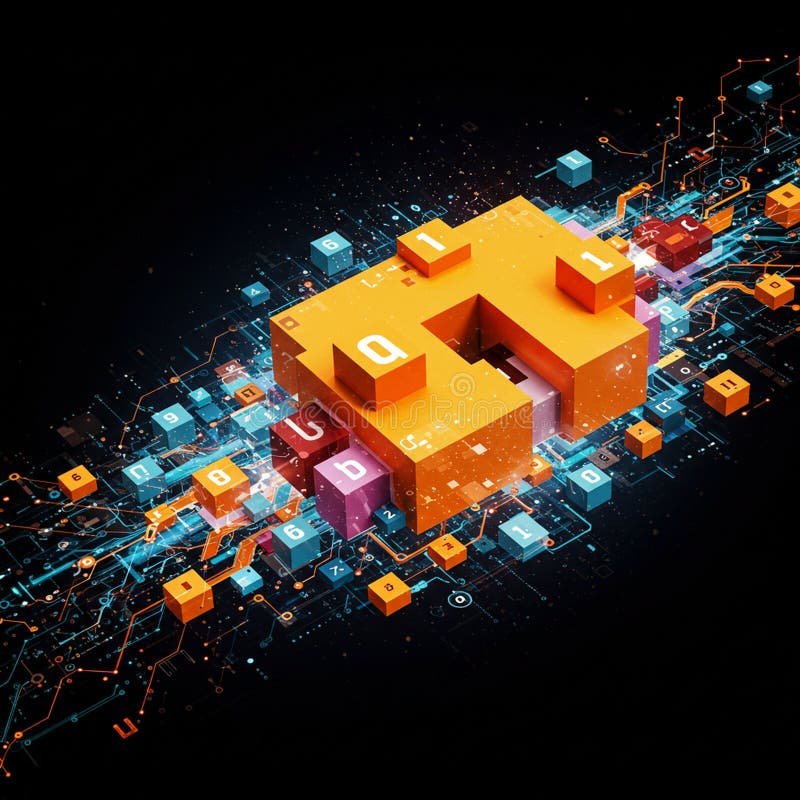 A Dynamic Digital Composition Featuring a Large, Orange, Block-like ...