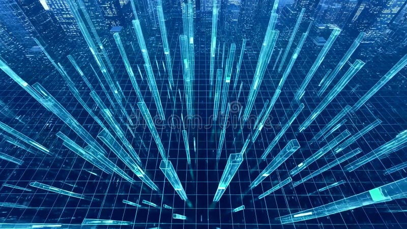 Rising Digital Data Pillars through Futuristic City Grid Network Aerial ...