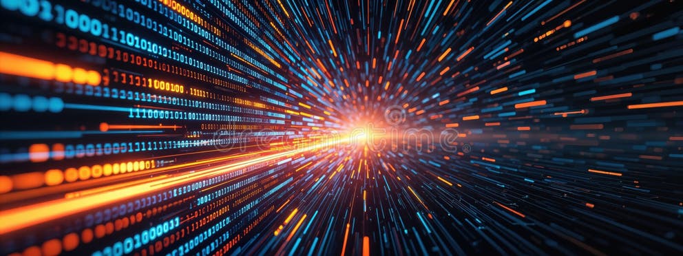 Dynamic Digital Data Stream with Glowing Binary Code and Light Trails ...