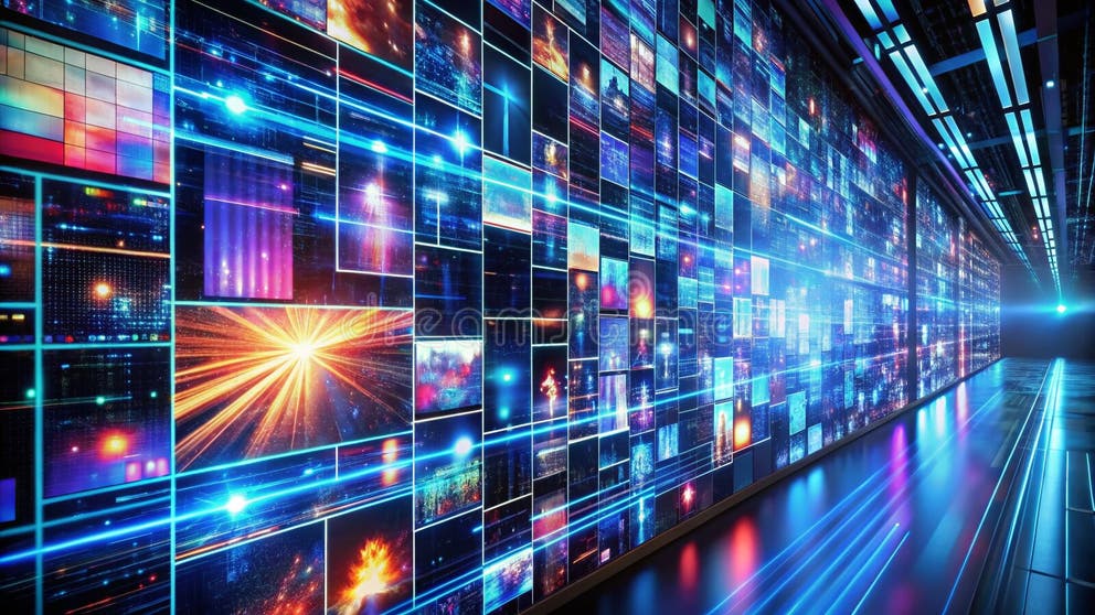 Dynamic Digital Data Wall Panorama a Futuristic Abstract Display of ...