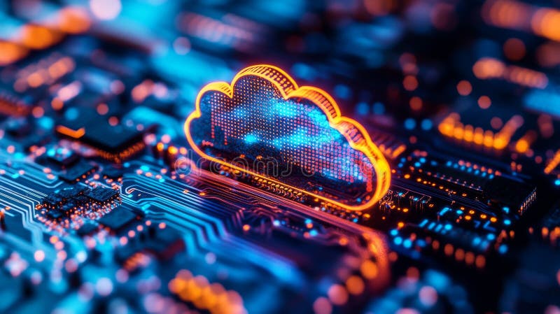 A Dynamic Digital Depiction of a Shining Cloud Icon on a Circuit-themed ...