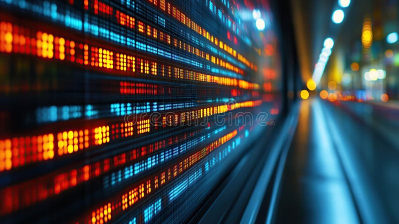 Dynamic Digital Display of Financial Data, Blurred City Lights in the ...