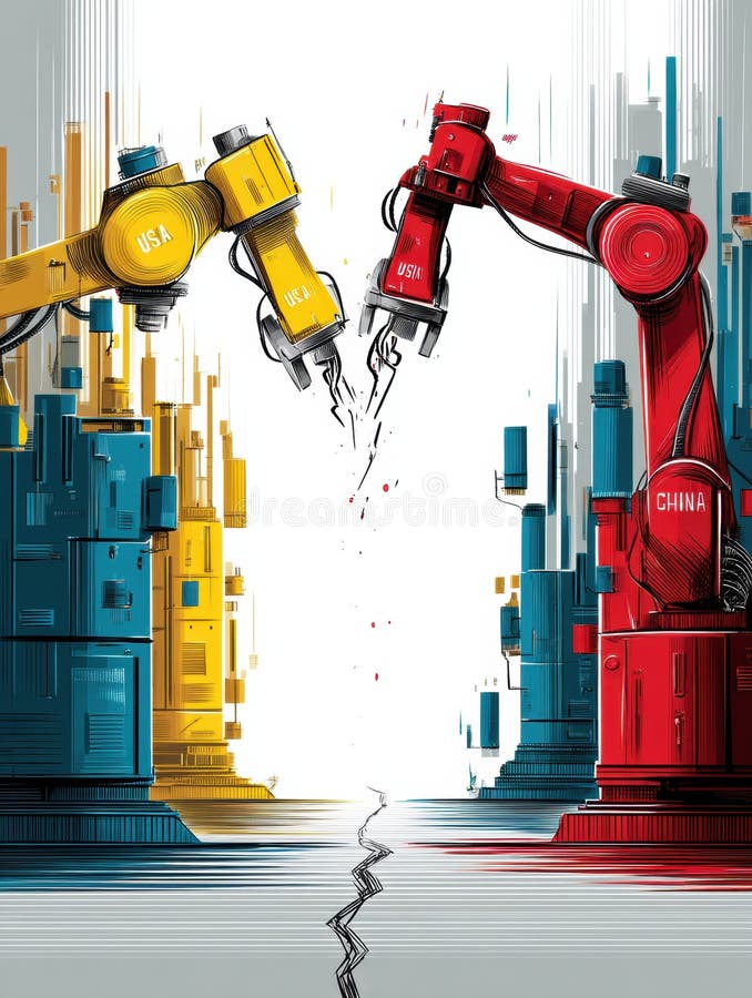 Giant Robotic Arms Labeled USA and China Pulling a Product Apart in a ...