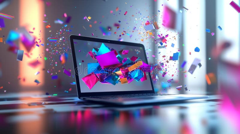 Dynamic Digital Explosion of Colorful Shapes Emerging from a Laptop in ...