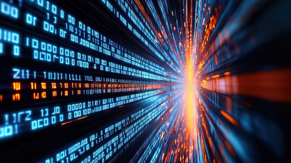 Dynamic Digital Interface Shows Binary Code Stream. Fast Moving Data Visualization Displays ...