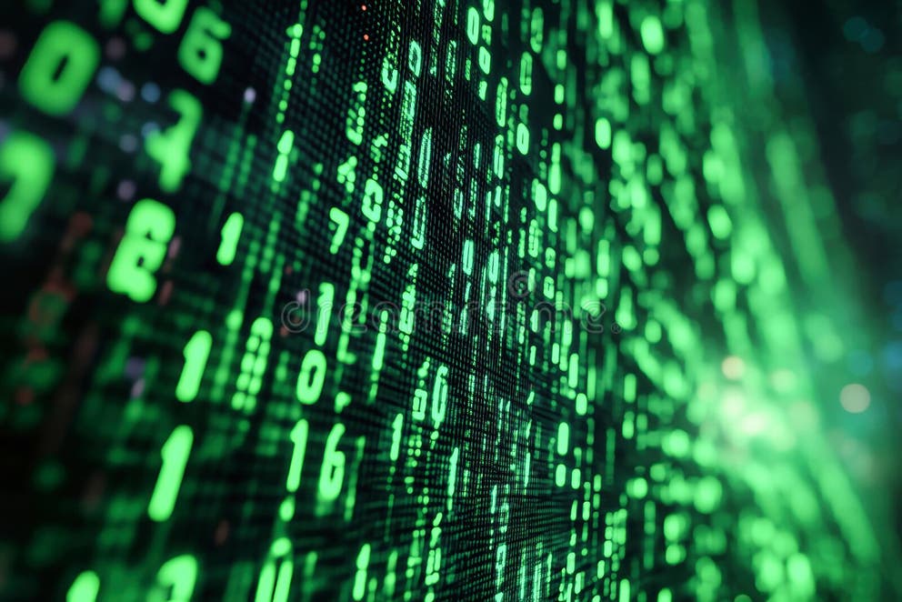 Dynamic Digital Landscape Showcasing Green Binary Code and a Cyberpunk ...