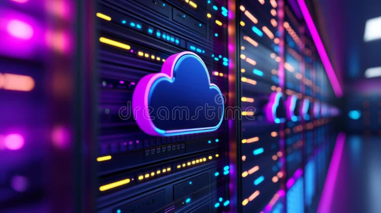 A Dynamic Digital Portrayal of Cloud Computing, with Colorful Clouds Set Amidst Rows of Shining ...