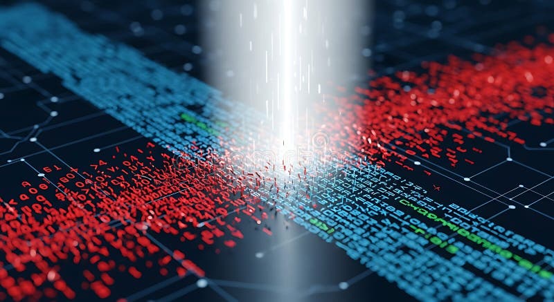 Illuminated Binary Data Streams Colliding in a Digital Network with Glowing Particles and ...