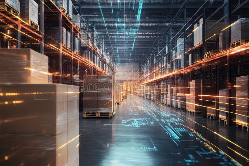 Dynamic Digital Warehouse Showcasing Holographic Data Flow and Advanced Technology Integration ...