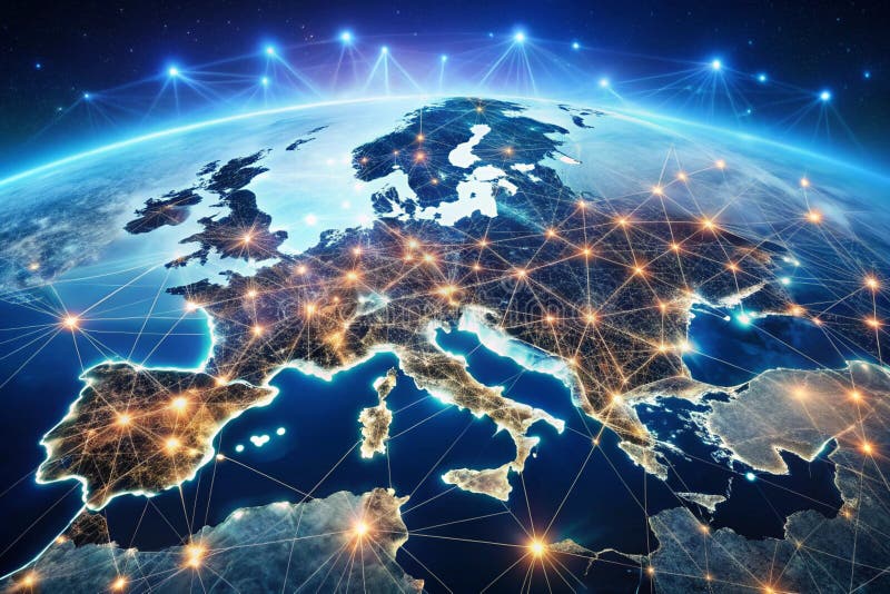 Dynamic Digital World Map Emphasizing Western Europe Stock Illustration ...